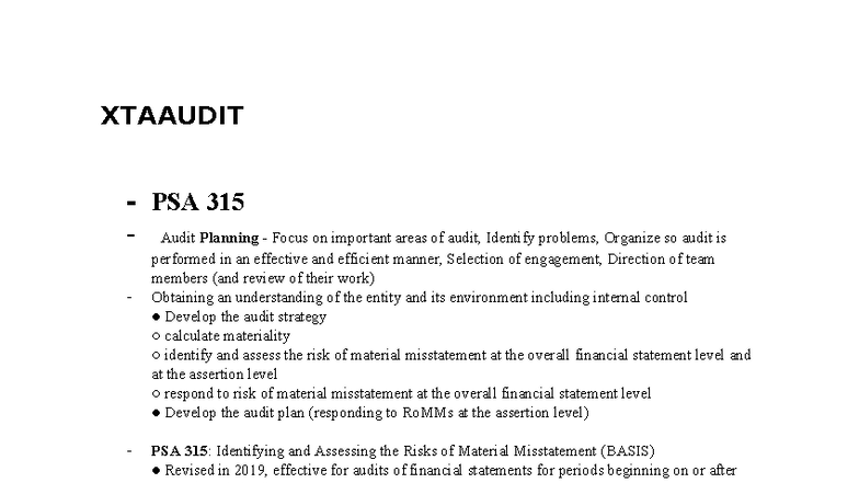 XTAAUDIT PSA 315: Audit Planning and Risk Assessment Overview - Studocu