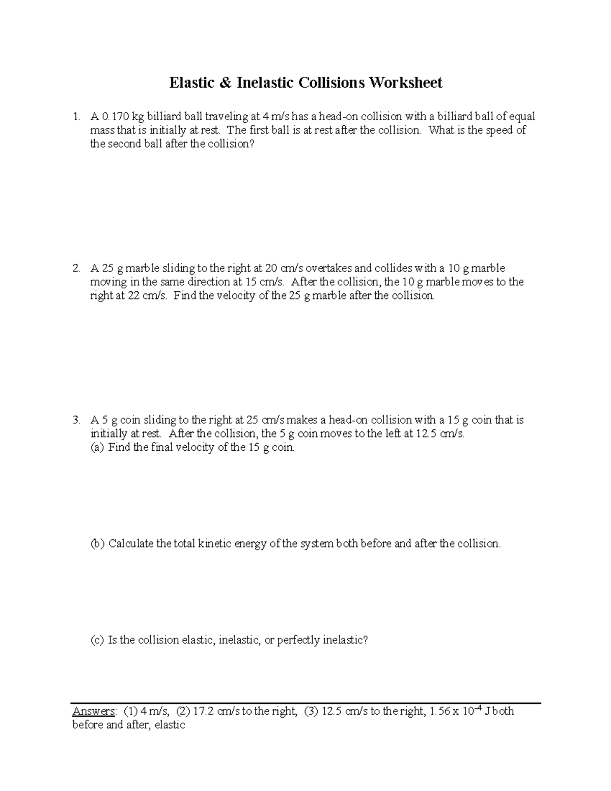 Elastic & Inelastic Collisions Worksheet - Elastic & Inelastic ...