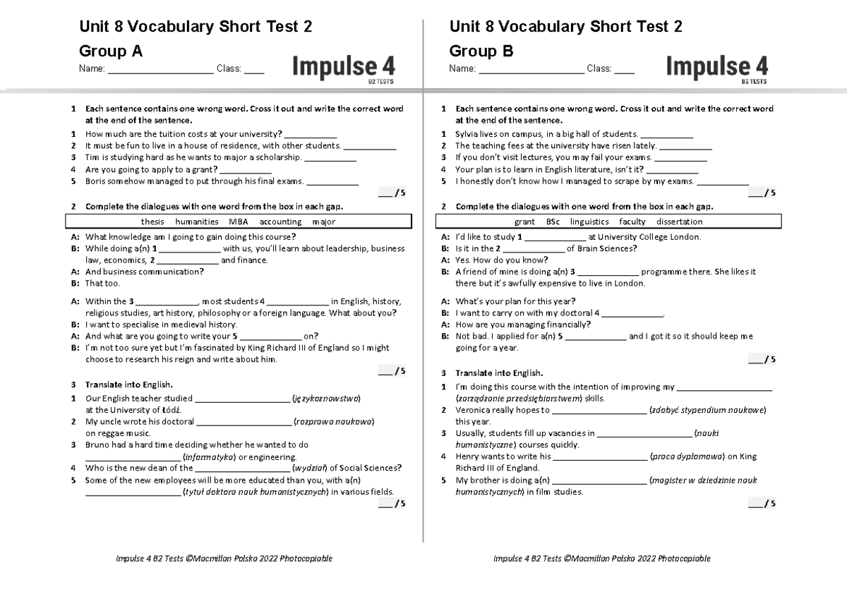Unit 8 Vocabulary Short Test 2 A+B - Impulse 4 B2 Tests ©Macmillan ...