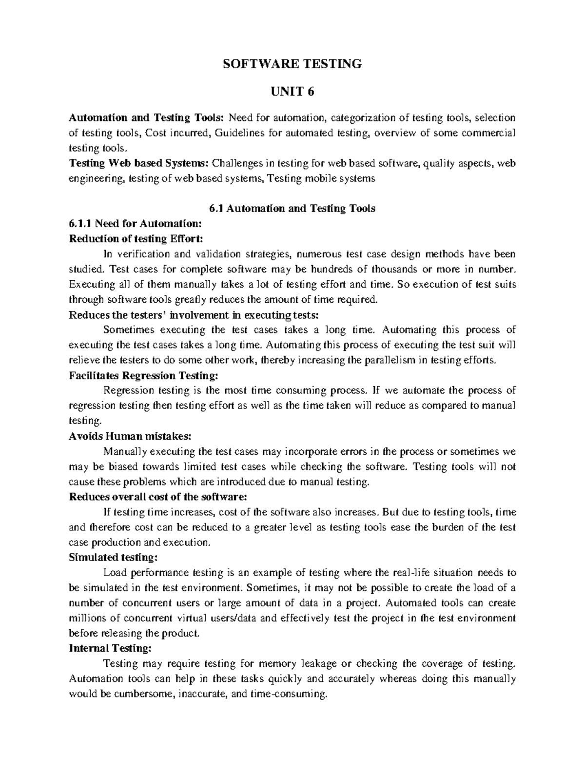 SOFTWARE TESTING UNIT 6: Automation Tools & Web System Testing Notes ...