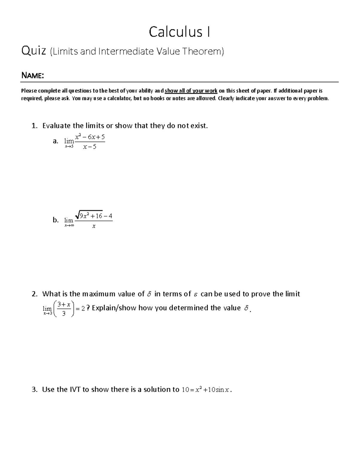 Calculus I: Quiz #1 on Limits and IVT Concepts - Studocu