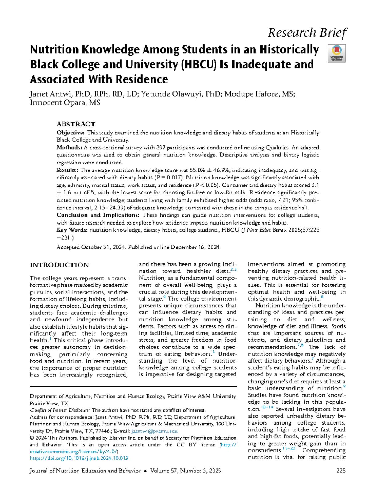 Nutrition Knowledge and Dietary Habits of HBCU Students: A Study ...