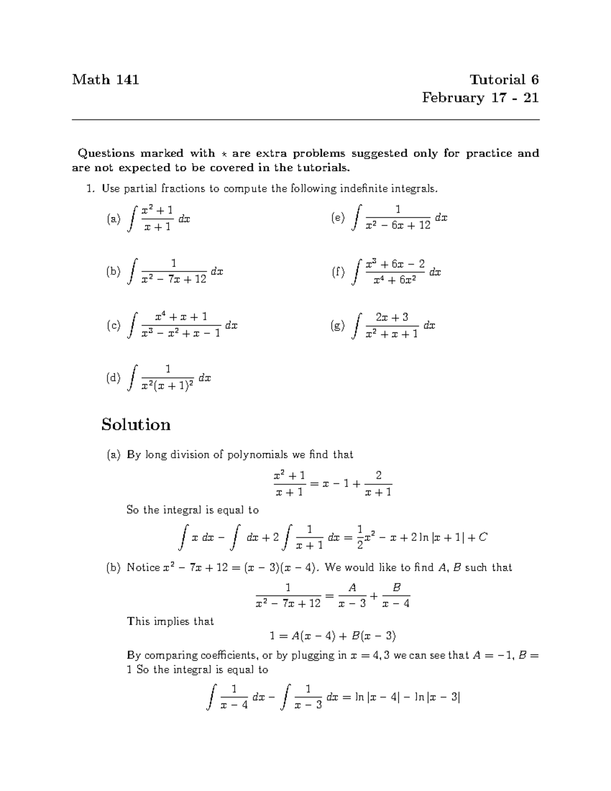 Math 141 Tutorial 6: Indefinite Integrals and Partial Fractions Solutions - Studocu