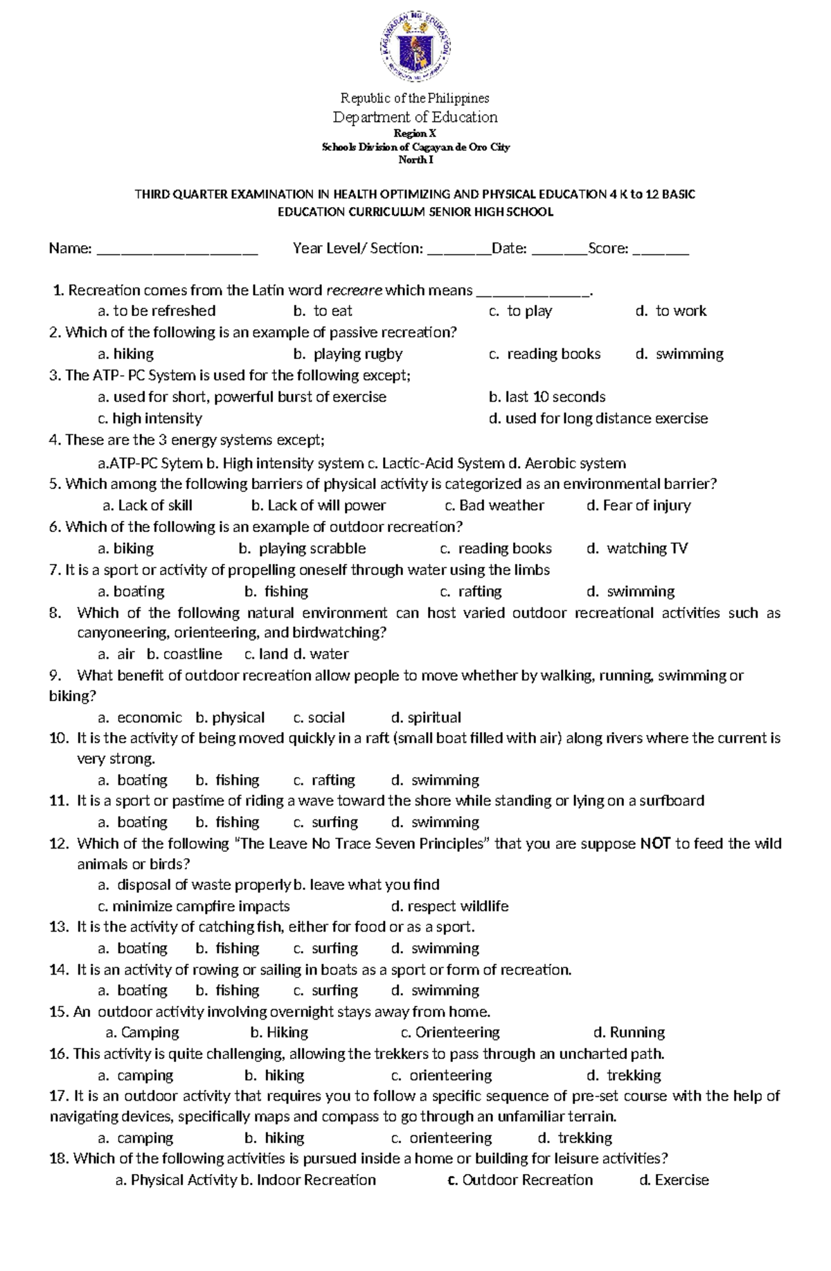 Physical Education 4 Q3 EXAM - Republic of the Philippines Department ...