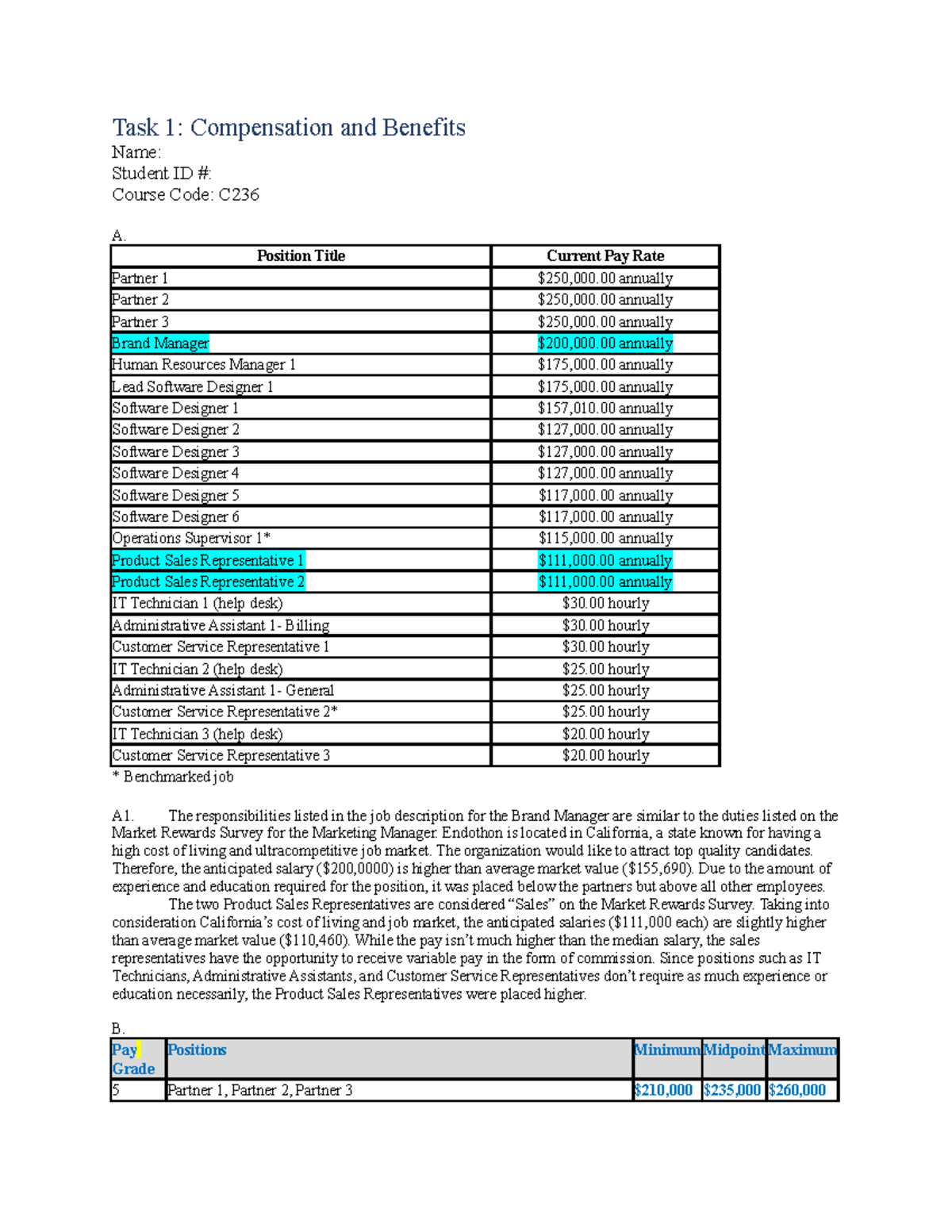Task 1 Compensation and Benefits - Task 1: Compensation and Benefits ...