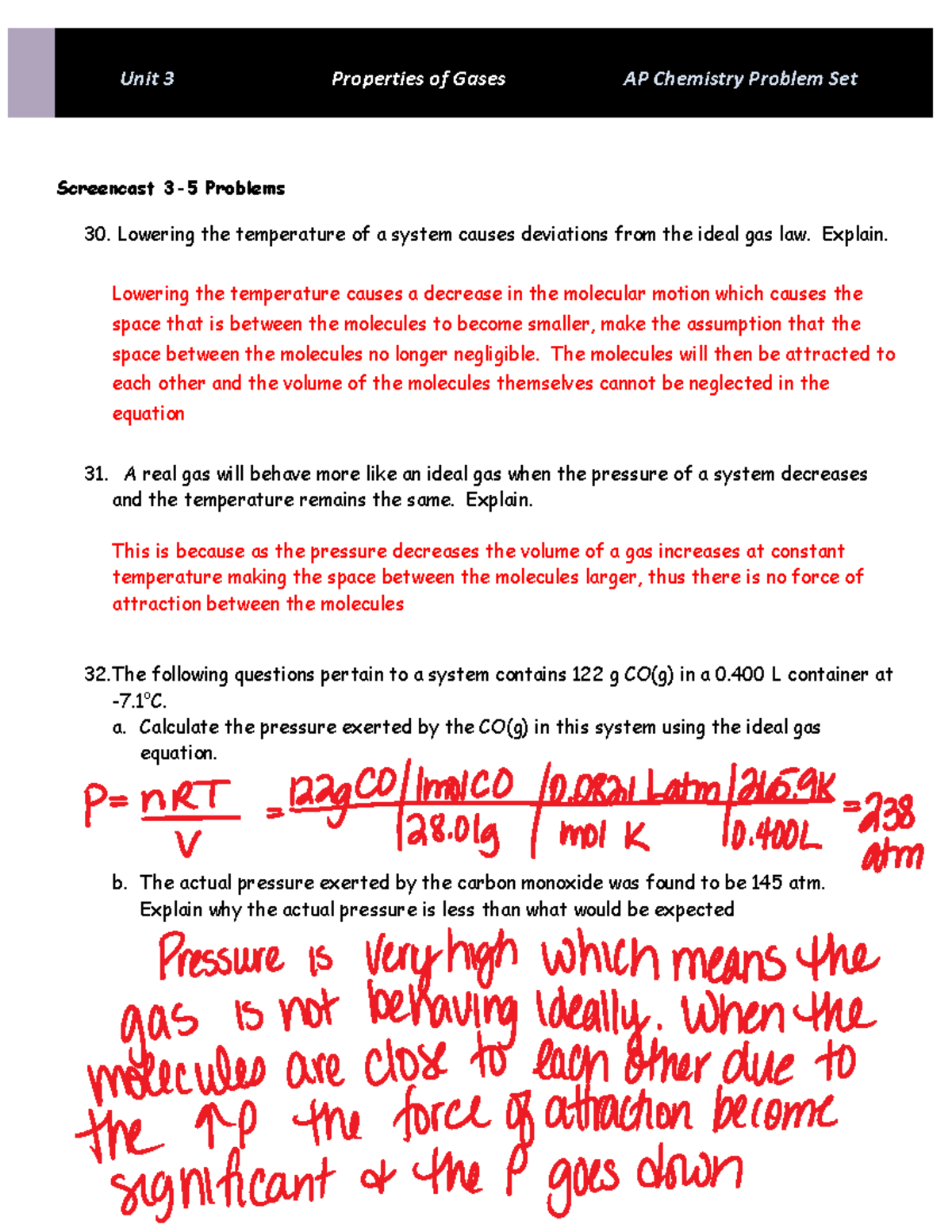 AP Chem Unit 3: Gases SC 3-5 Problem Set Solutions - Studocu