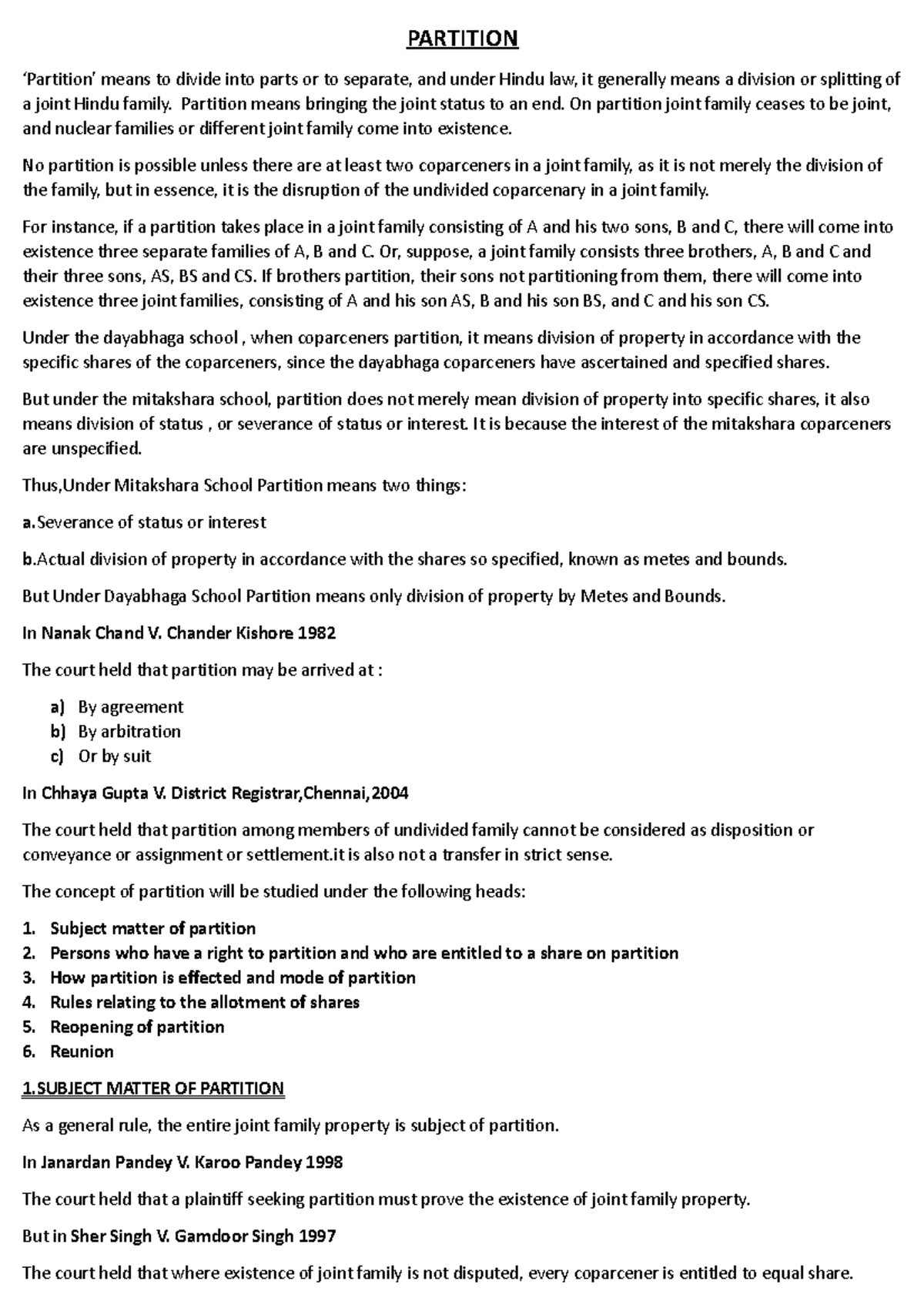Family Law II - Detailed Notes on Partition and Joint Family Rights ...