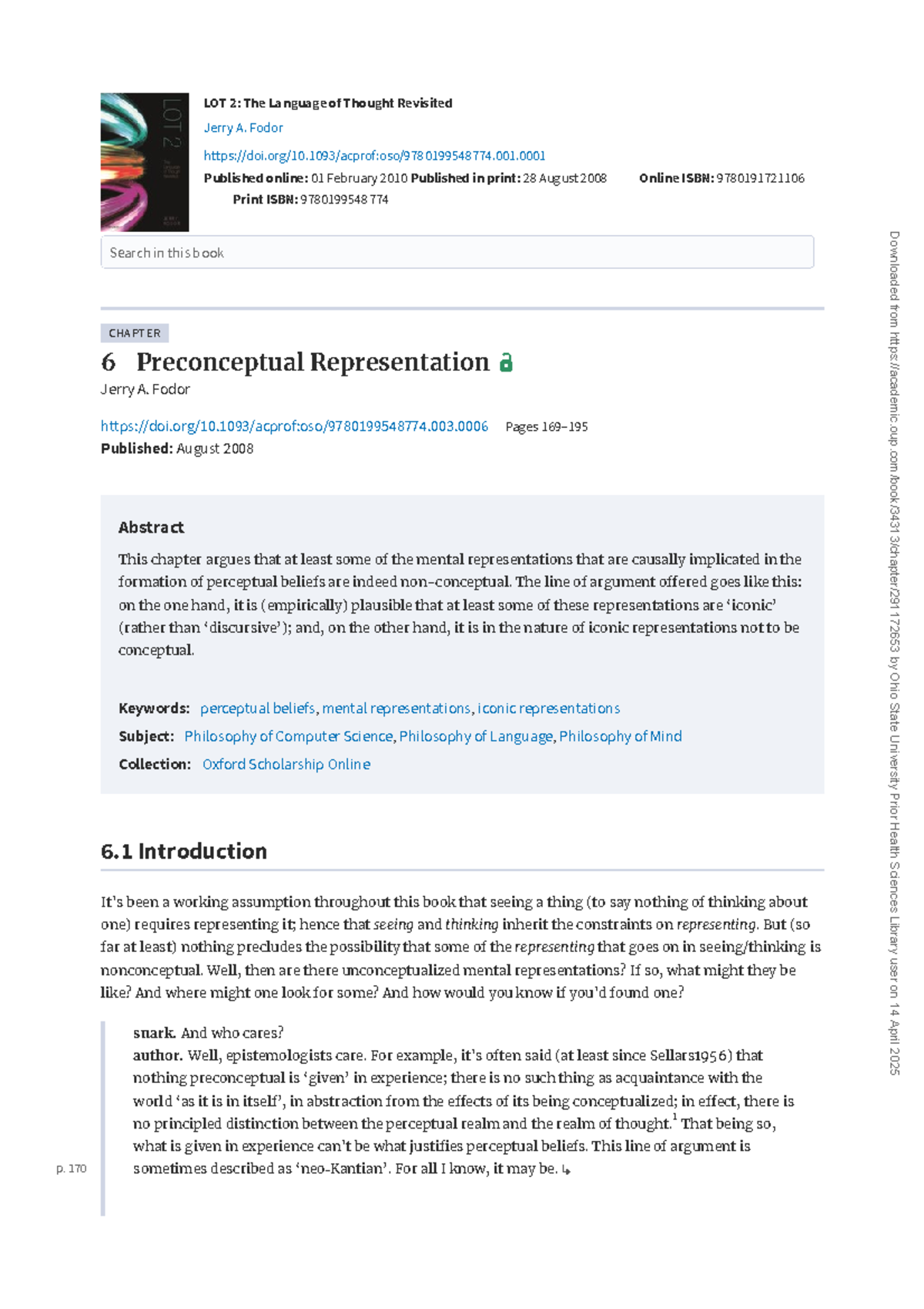 LOT 2: Preconceptual Representation in Fodor's Philosophy (Chapter 6 ...