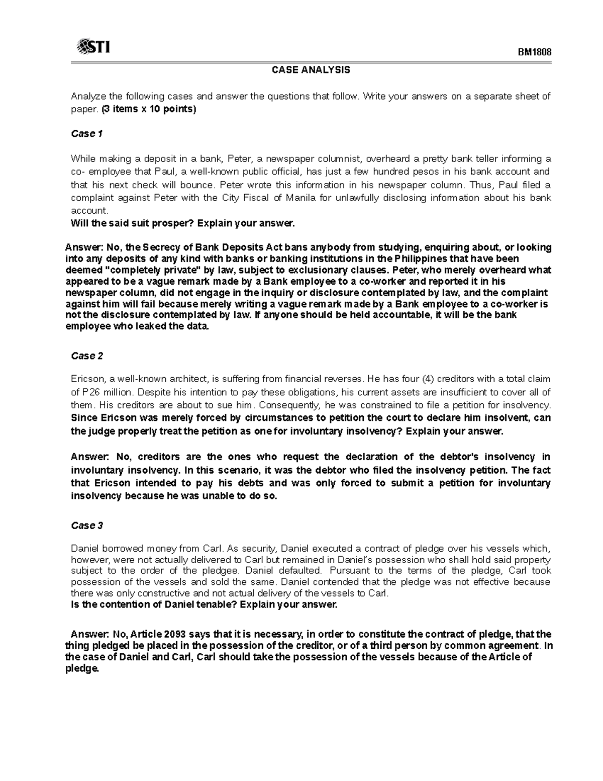 08 Task Performance 1(14) - BM CASE ANALYSIS Analyze the following cases and answer the ...
