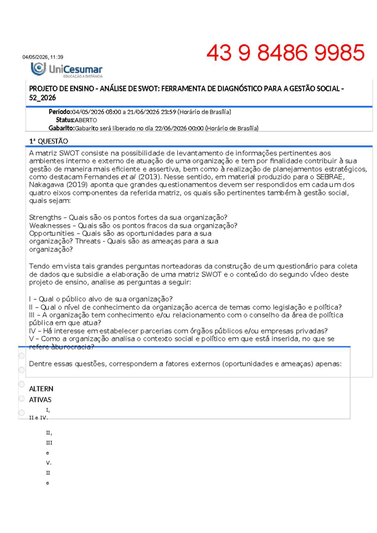 Projeto de Ensino: Análise SWOT na Gestão Social - 52_2026 - Studocu