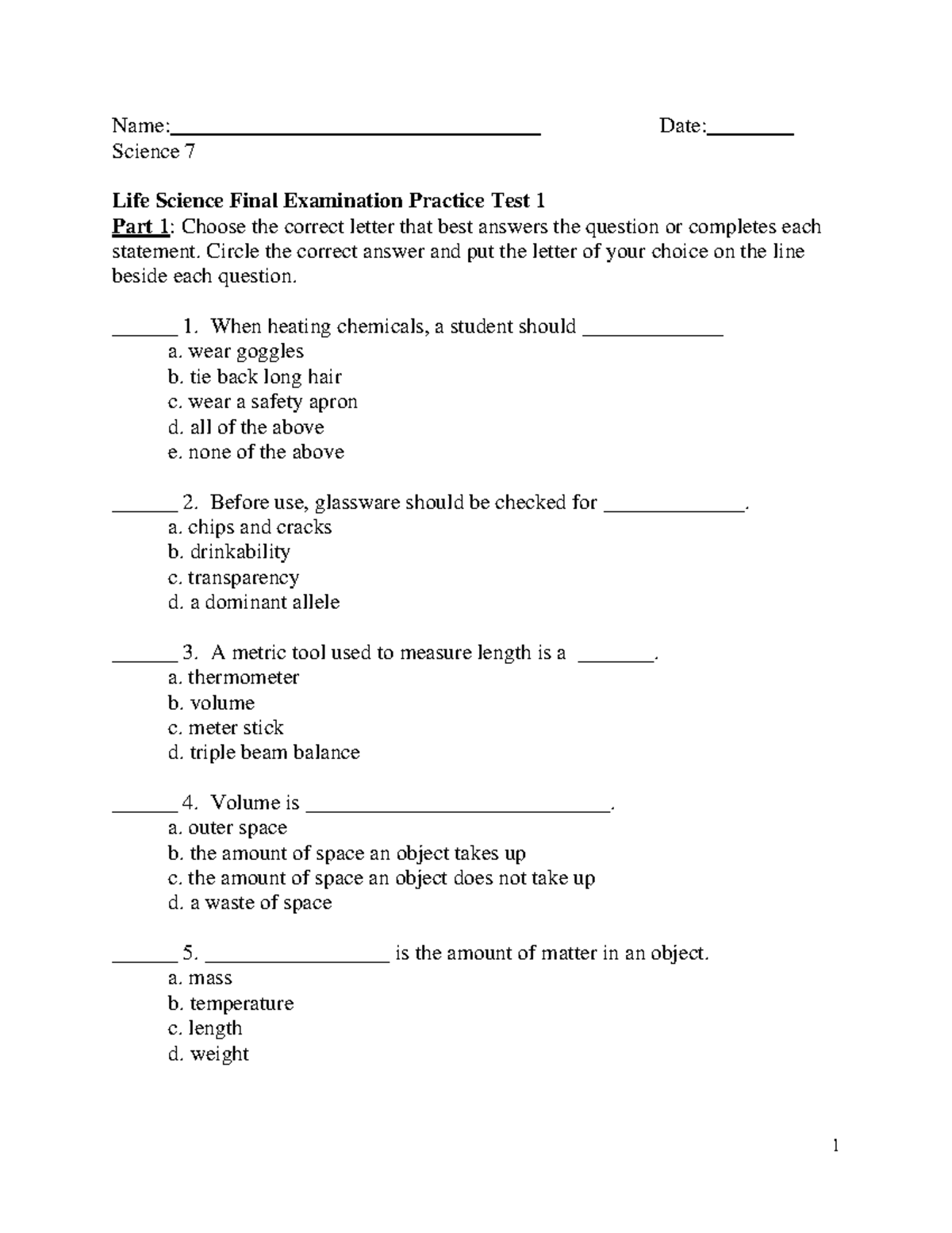 Life Science 7 Final Exam Practice Test 1: Review & Questions - Studocu