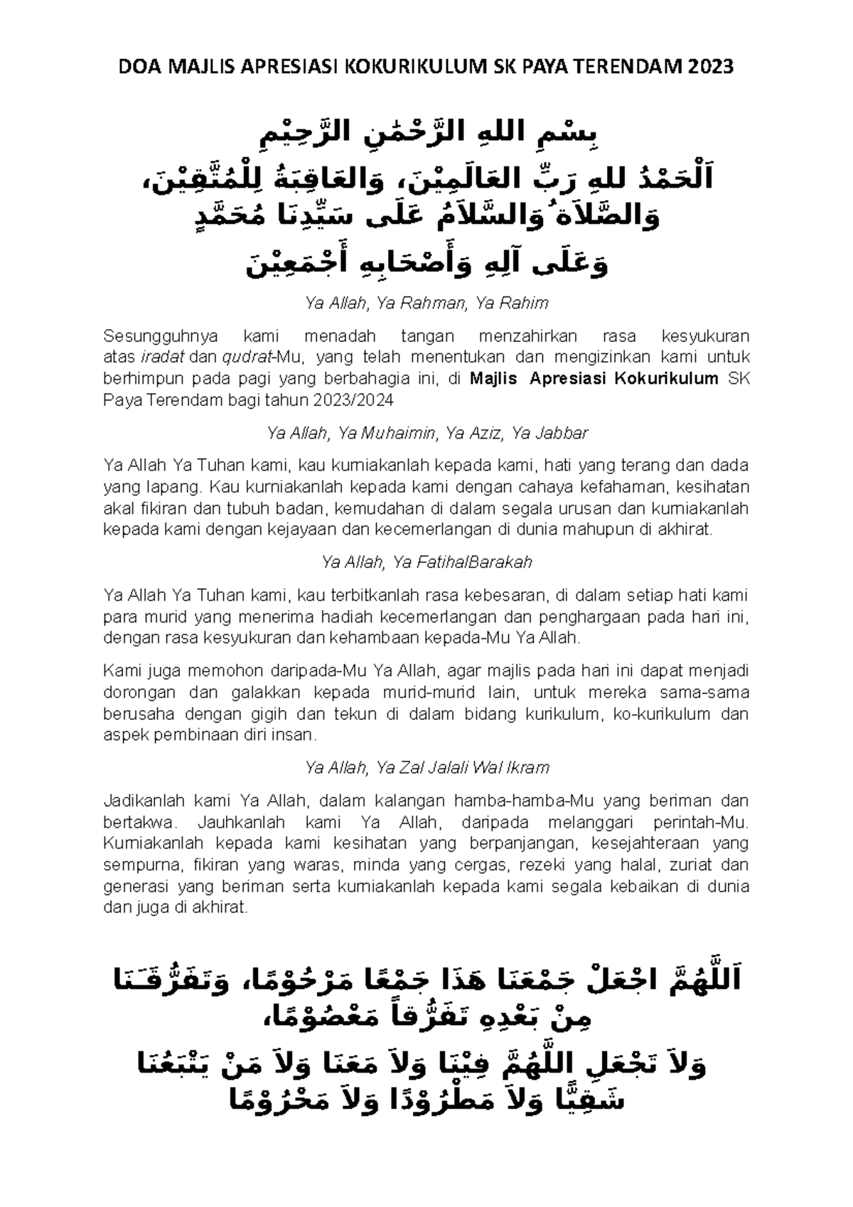 DOA Majlis Apresiasi Kokurikulum SK PAYA Terendam 2023 - DOA MAJLIS ...