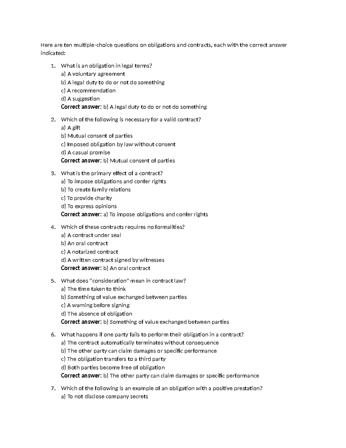 Obligations and Contracts Quiz (Part 2) - Key Questions & Answers - Studocu