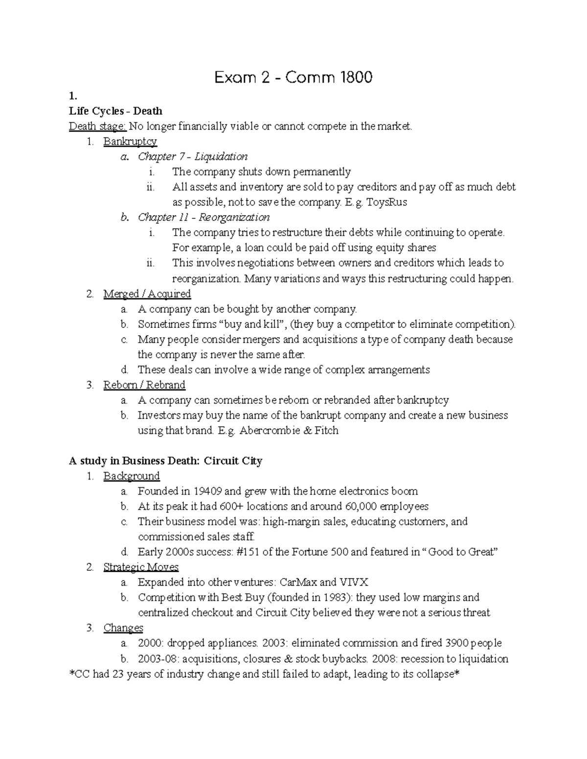 COMM 1800 - Exam 2: Business Life Cycles and Organizational Structure ...