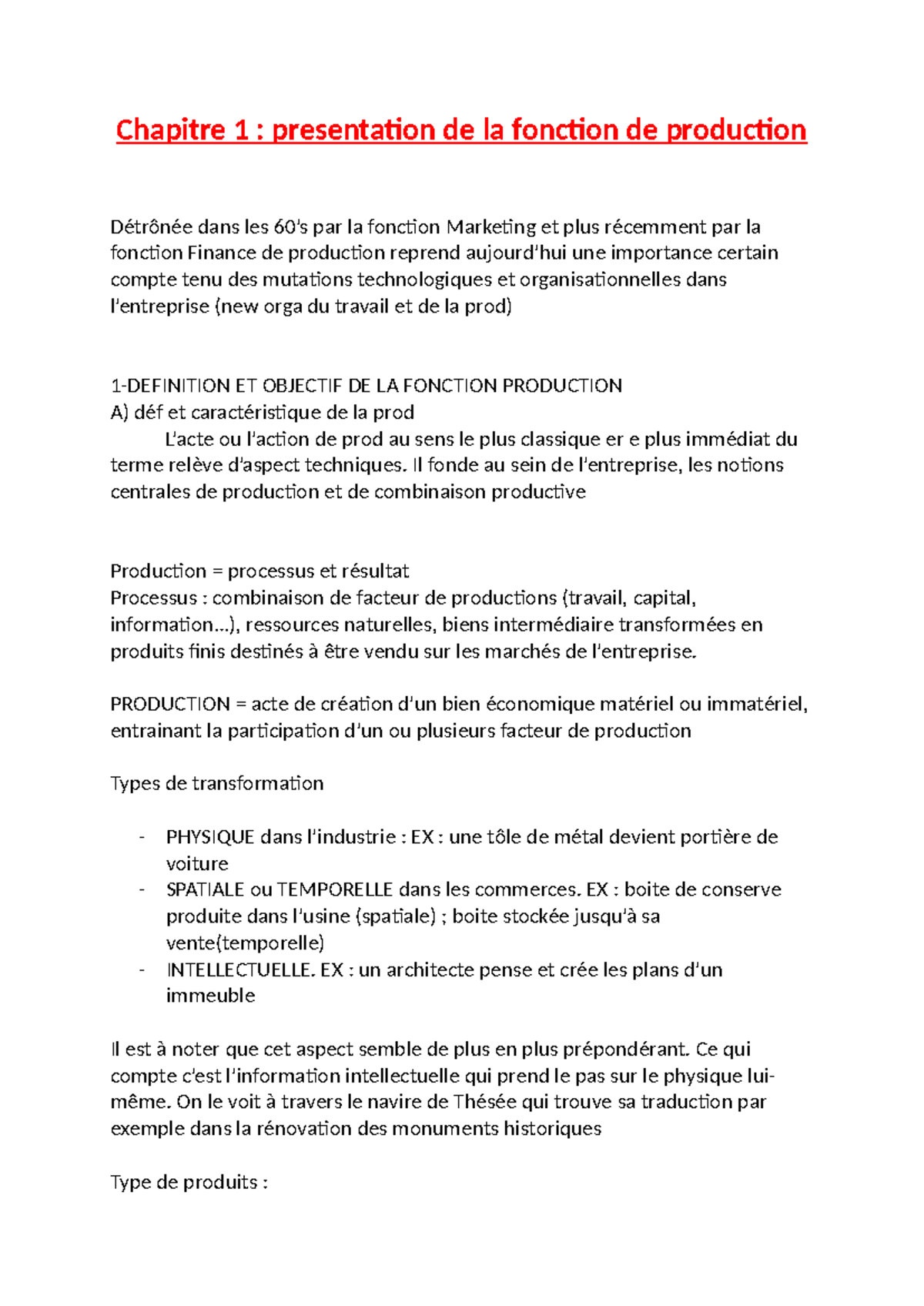 Chapitre 1 : Présentation de la Fonction de Production - Note de Cours ...