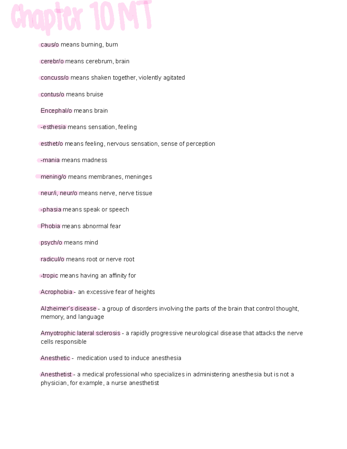 Chapter 10 - Nervous System Terminology and Pathologies (MT) - Studocu