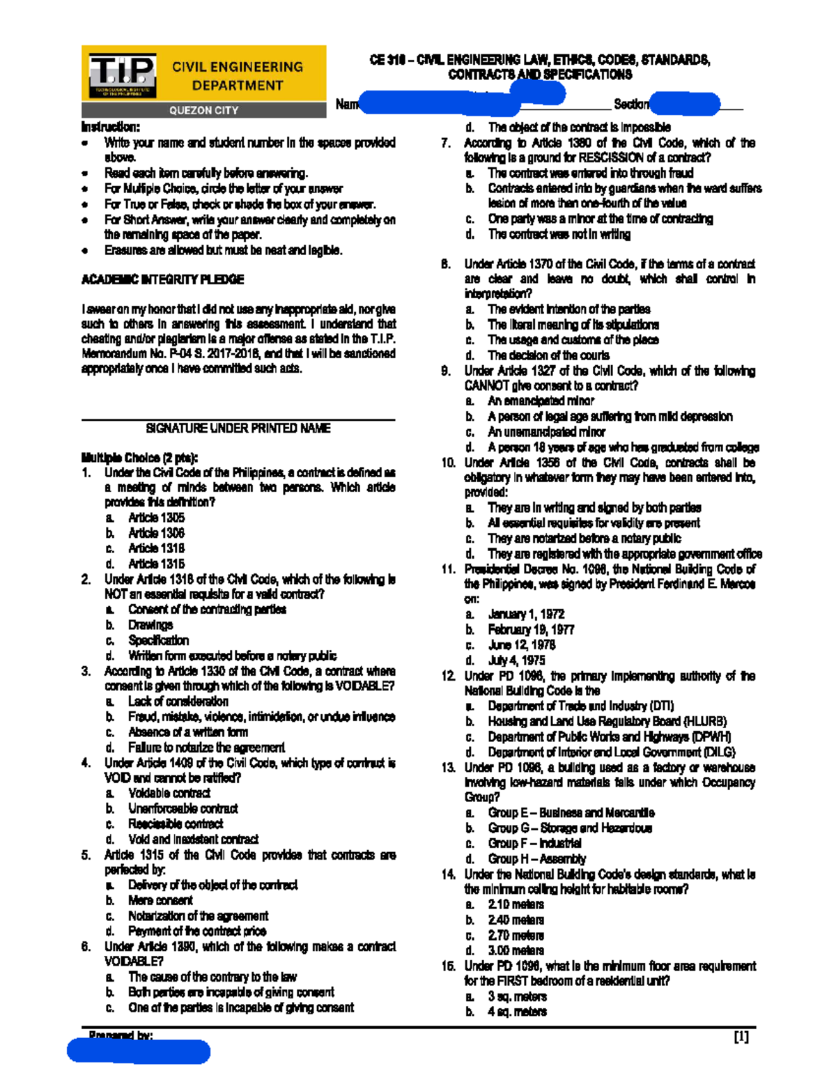 CE 318 Quiz Reviewer: Civil Engineering Law, Ethics, and Contracts ...