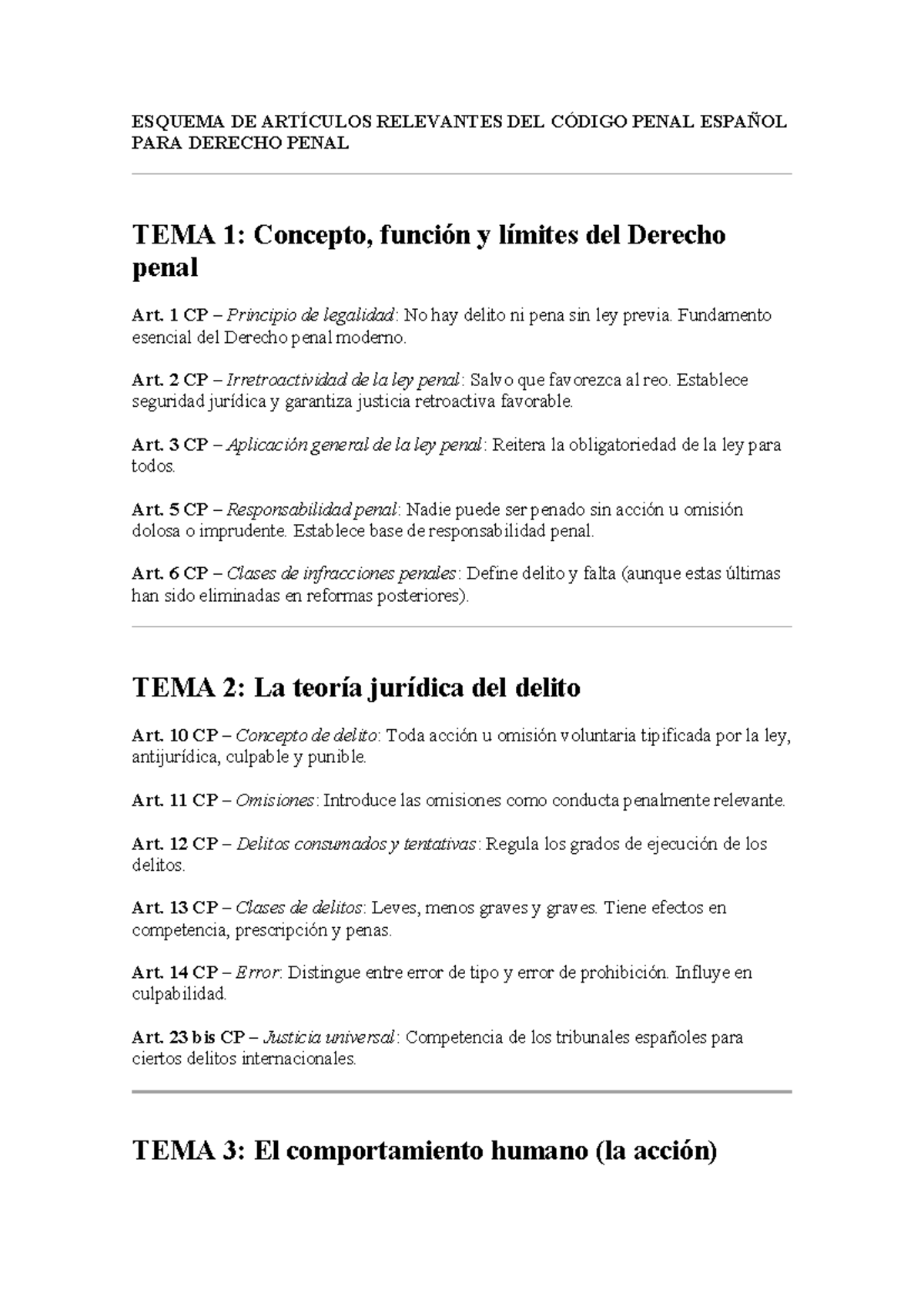 Esquema de Artículos Clave del Código Penal Español para Derecho Penal ...