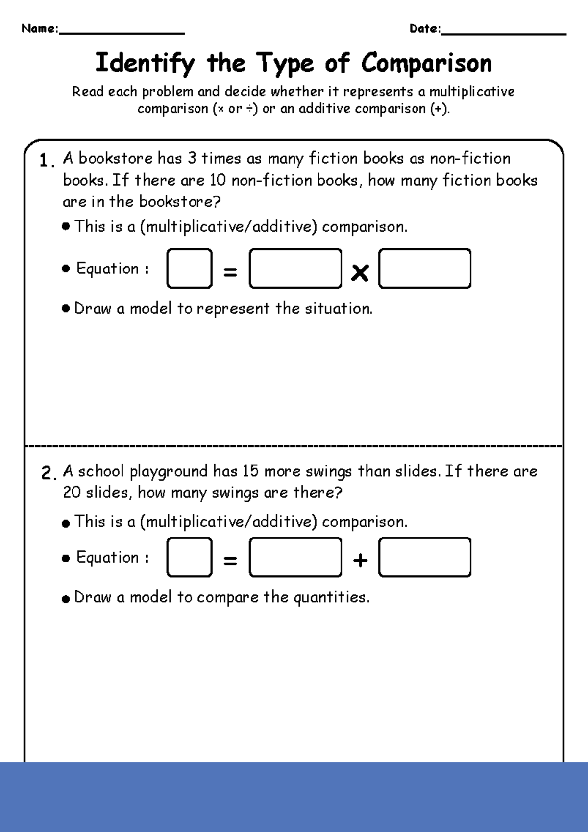 4th Grade Worksheet: Multiplicative & Additive Comparison Problems ...