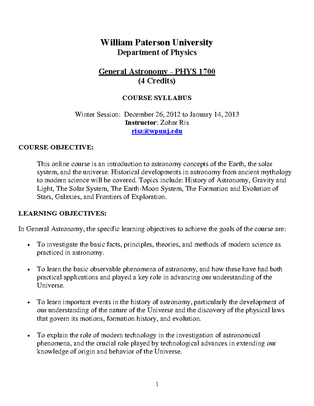 General Astronomy PHYS 1700 Syllabus - Winter Session 2012 - Studocu