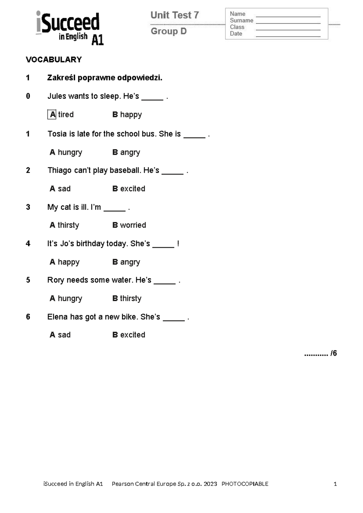 I Succeed A1 Vocabulary & Grammar Test Unit 7 Group D - Studocu