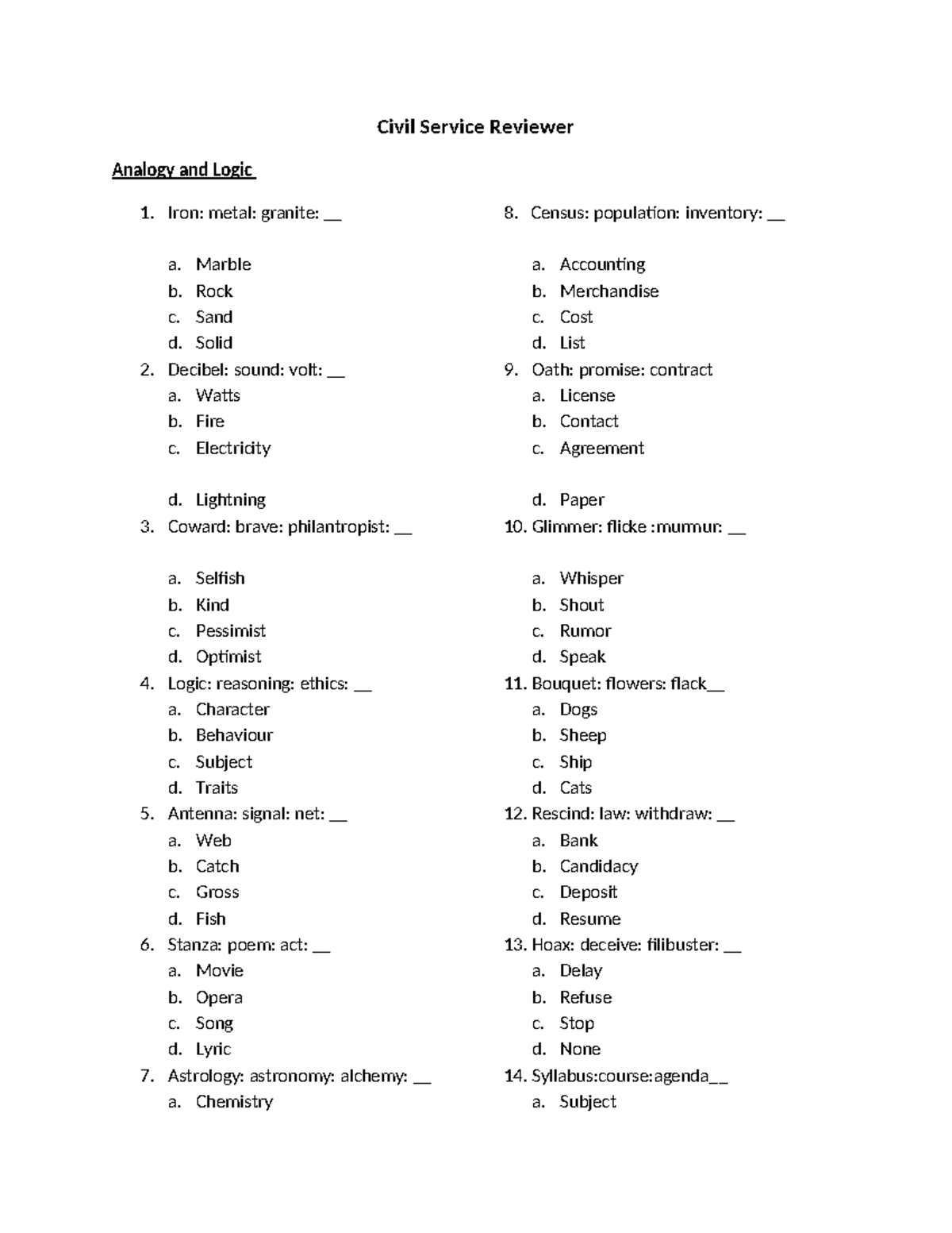 Civil Service Reviewer: Analogy & Logic Practice Exercises - Studocu