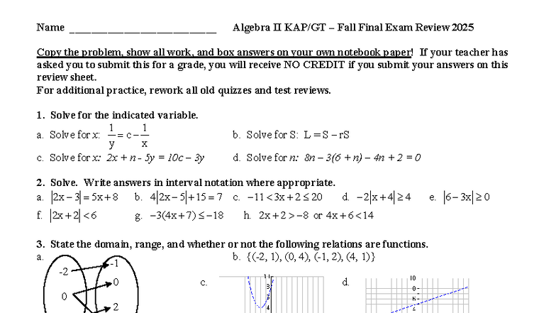 Algebra II KAP Fall Final Exam Review 2025: Comprehensive Guide - Studocu