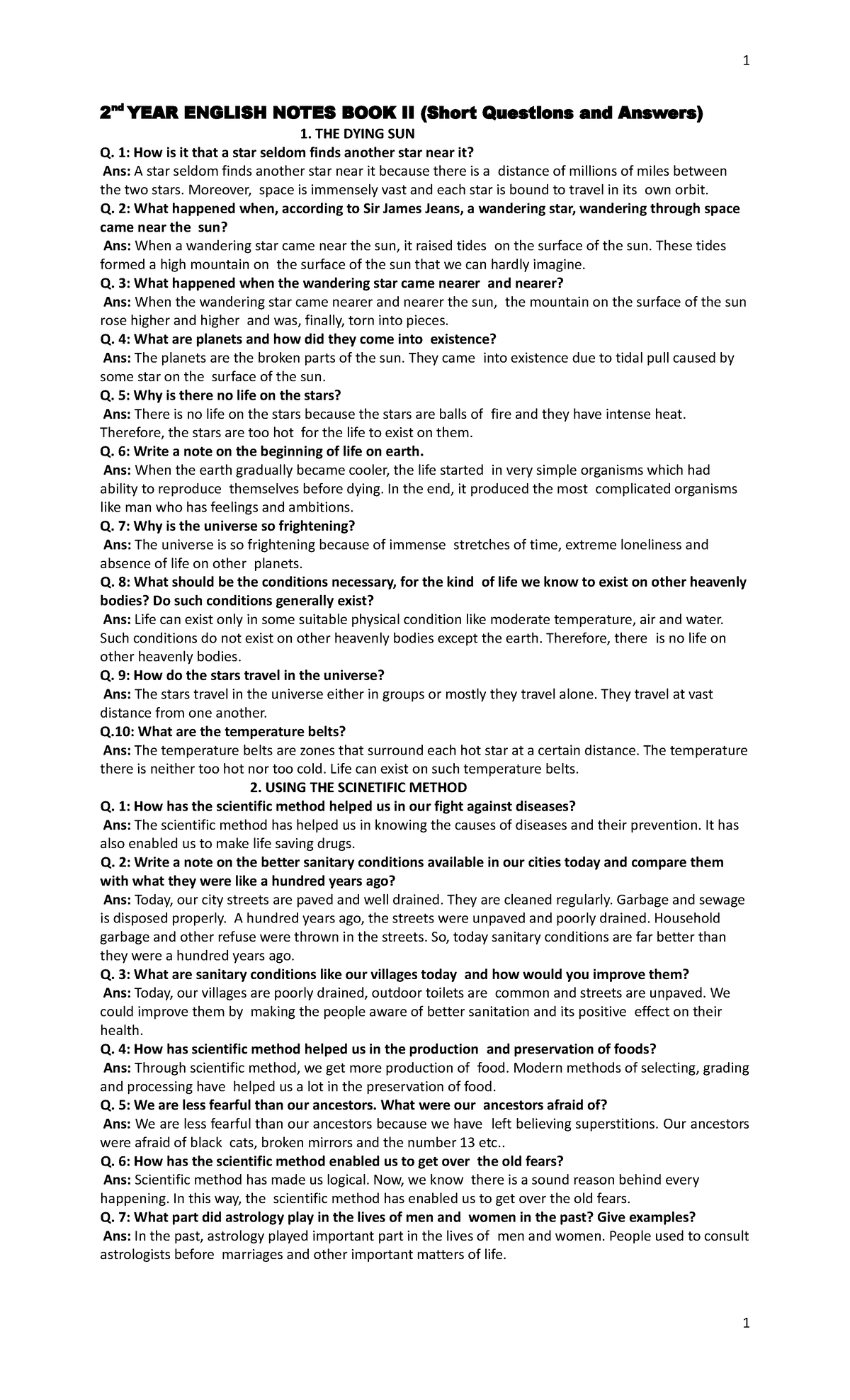 2nd Year English Notes Book II: Short Q&A for Exam Prep - Studocu