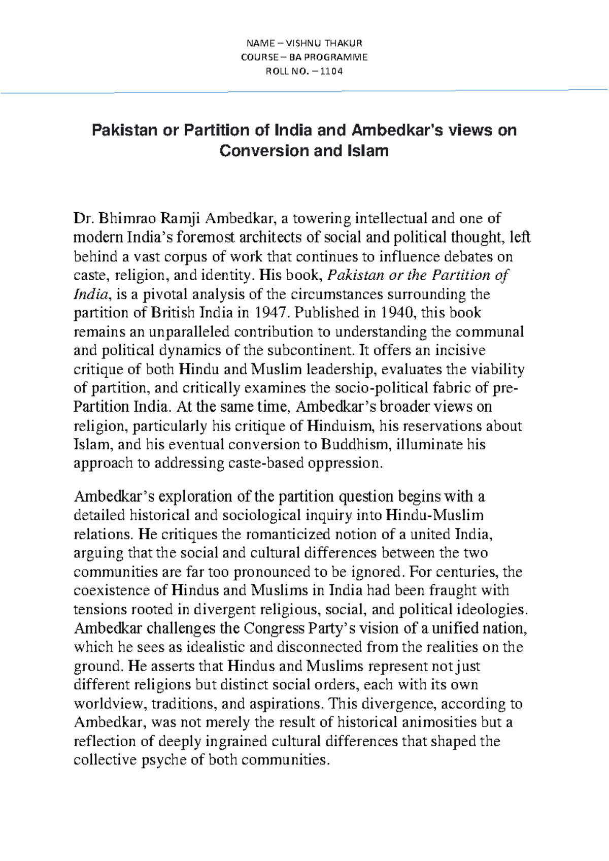 BA Programme: Examining Ambedkar's Pakistan or Partition of India - Studocu
