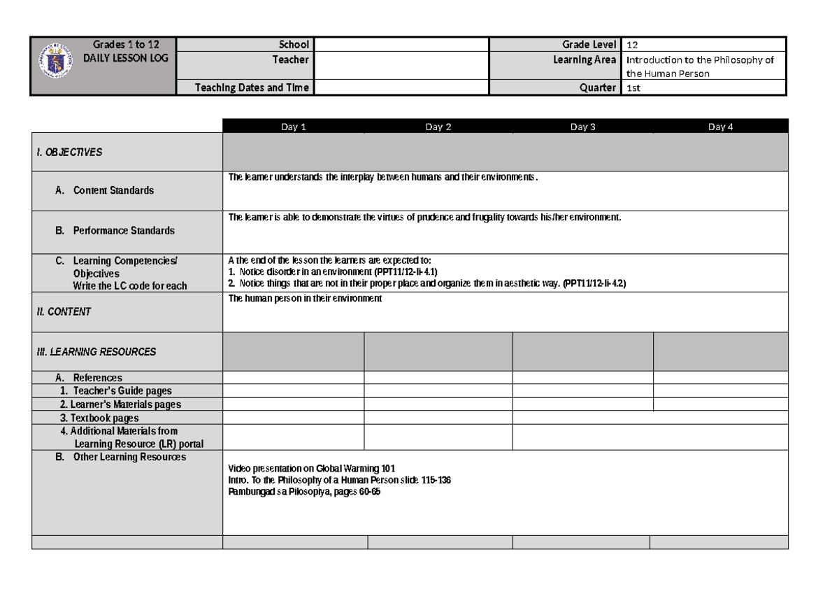 Week 1 Lesson Plan: Exploring Human Interaction with Environment (PPT11 ...