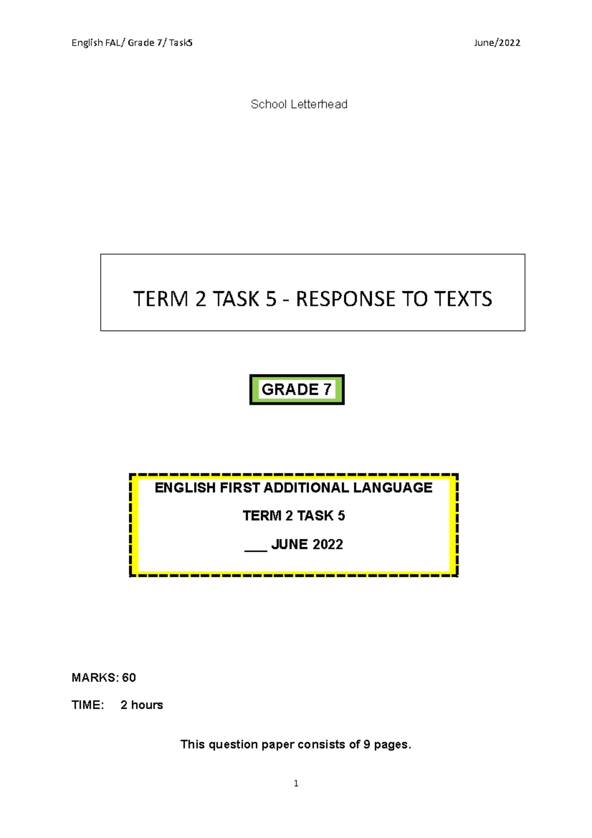 Grade 7 English FAL Term 2 Task 5 - Response to Texts Guide 2022 - Studocu