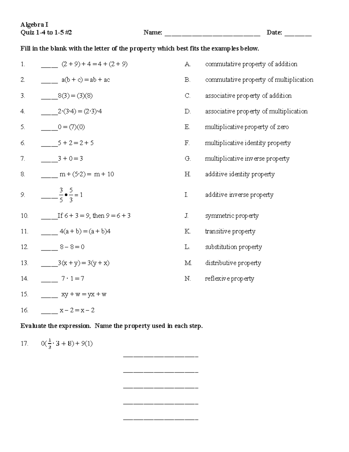 Algebra I Quiz 1-4 to 1-5: Properties of Operations Review - Studocu