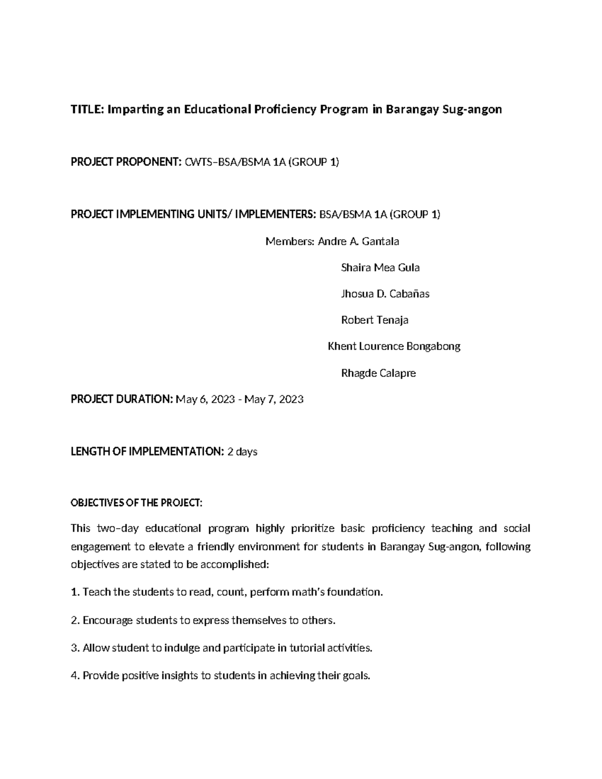 CWTS Project proposal - An assignment/ essay for CWTS in NSTP - TITLE: Imparting an Educational ...
