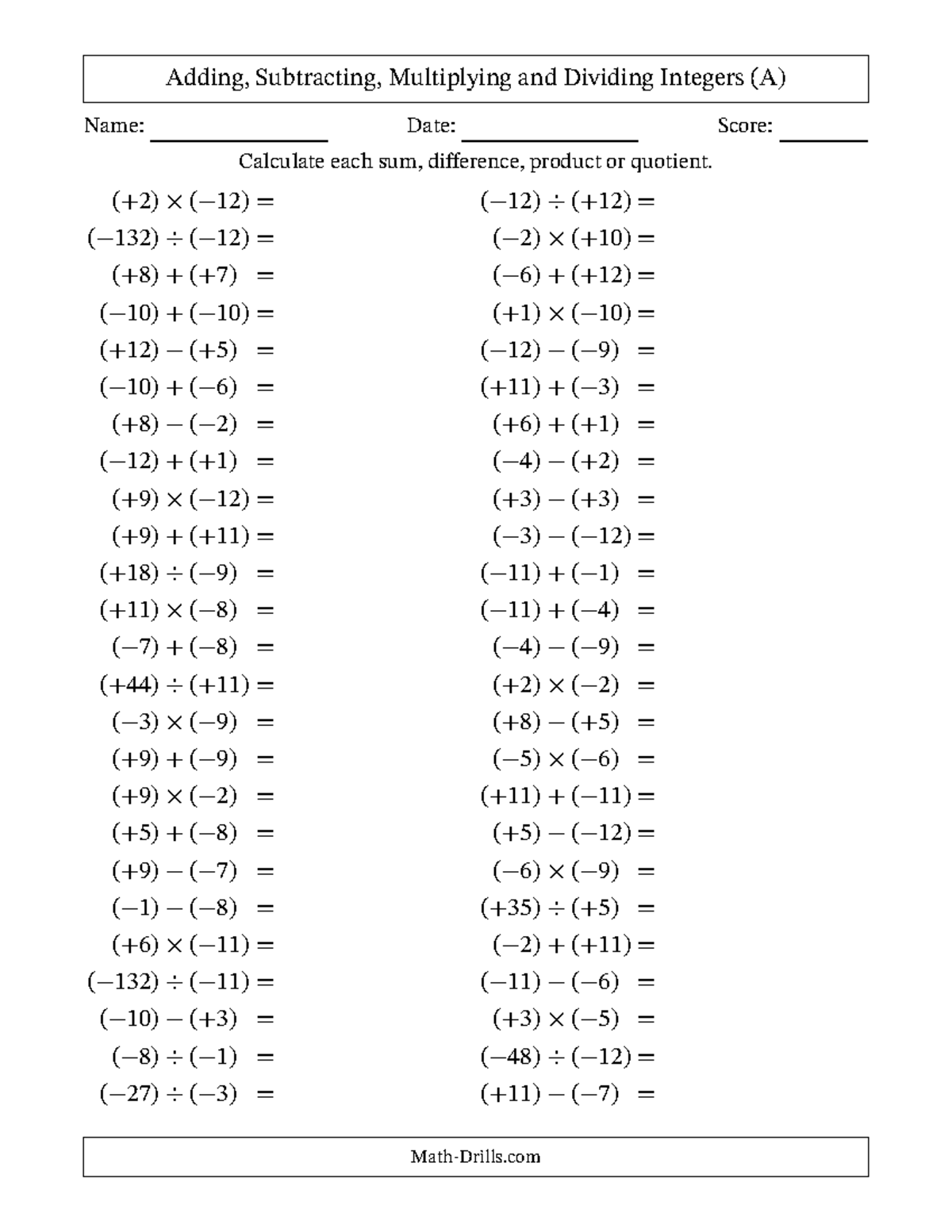 Integers all operations 1212 ap 001qp - Adding, Subtracting ...