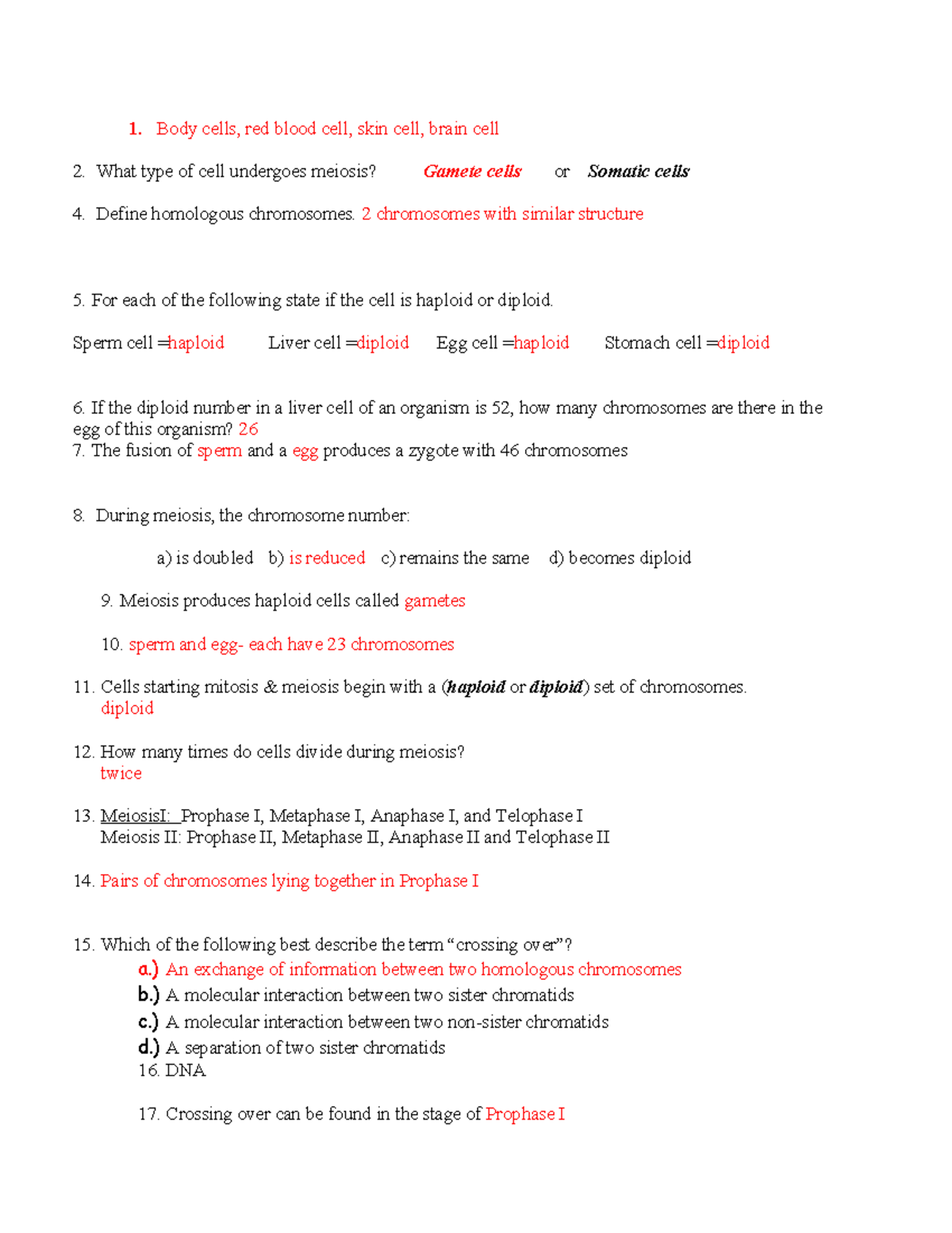 Meiosis Answer Key for Biology 101: Key Concepts & Definitions - Studocu
