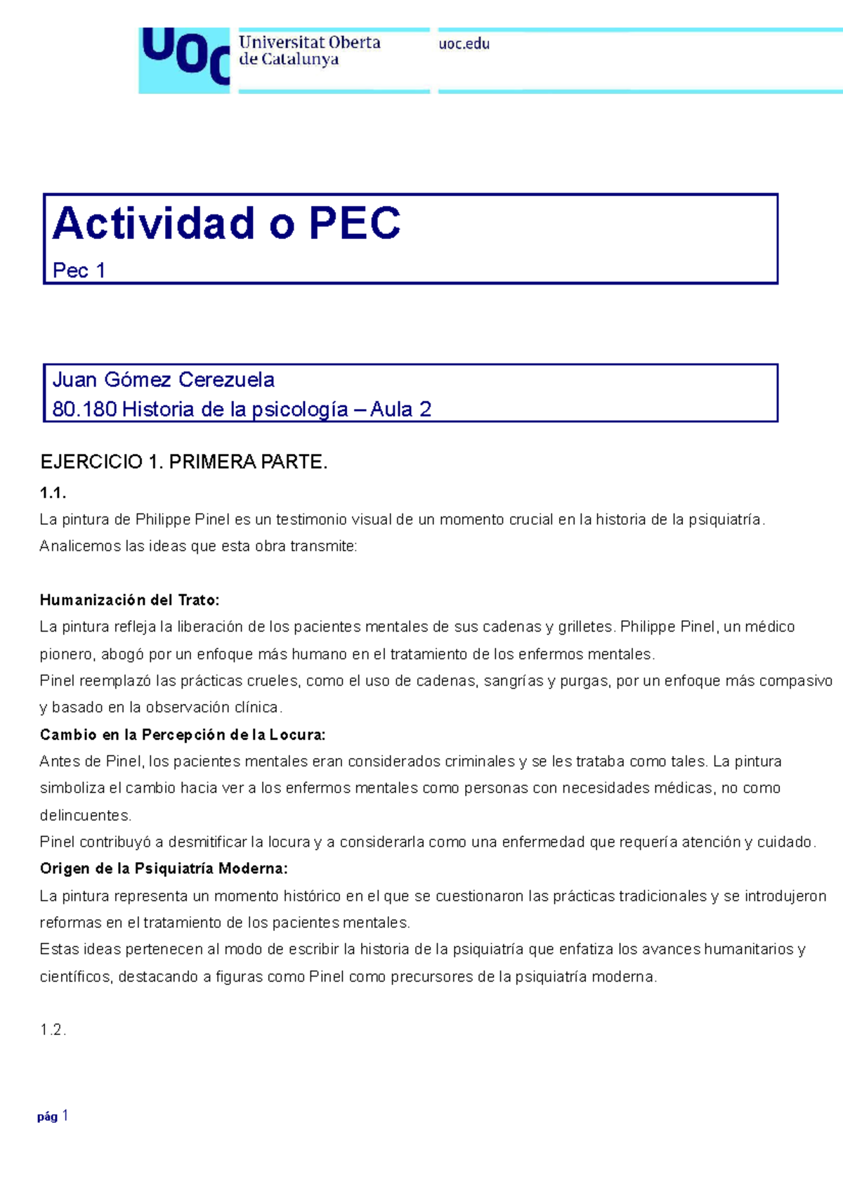 Historia de la Psicología: PEC 1 - Análisis Crítico y Reflexión - Studocu