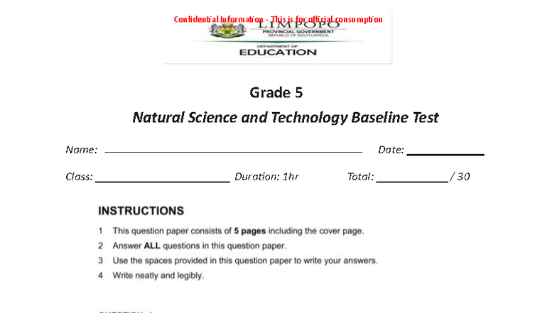Grade 5 NST Baseline Assessment 2024 TERM 1 - NMC 113 - Grade 5 Natural ...