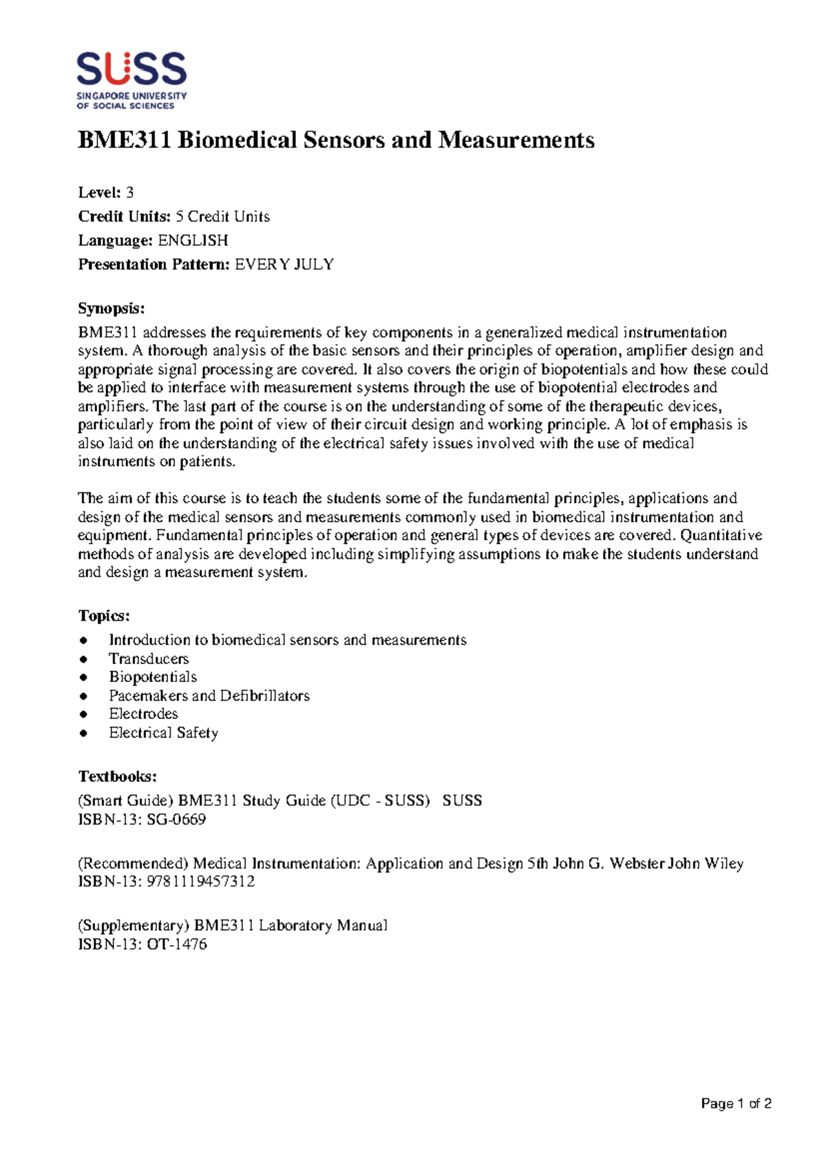 BME311 Lecture Notes: Biomedical Sensors & Measurements - Studocu