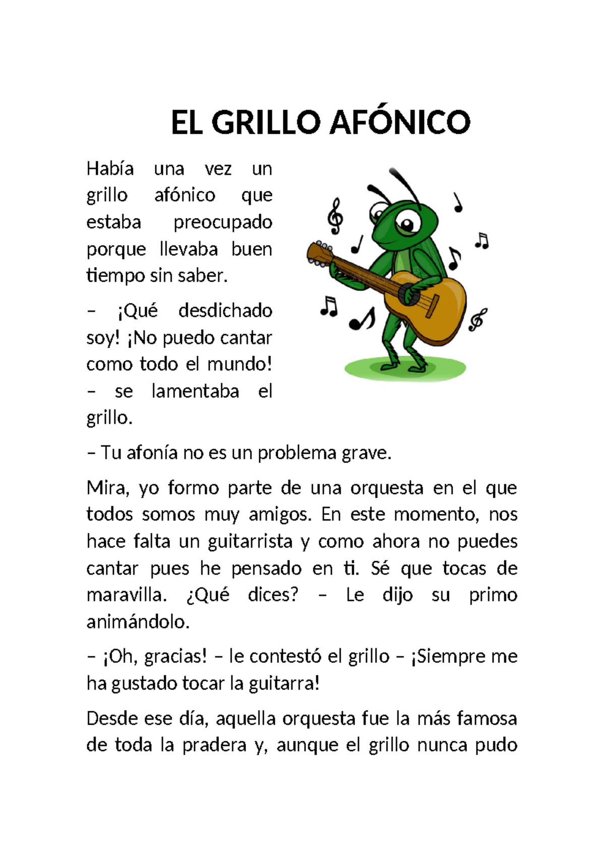 Cuento Infantil: EL GRILLO AFÓNICO y su Nueva Oportunidad - Studocu