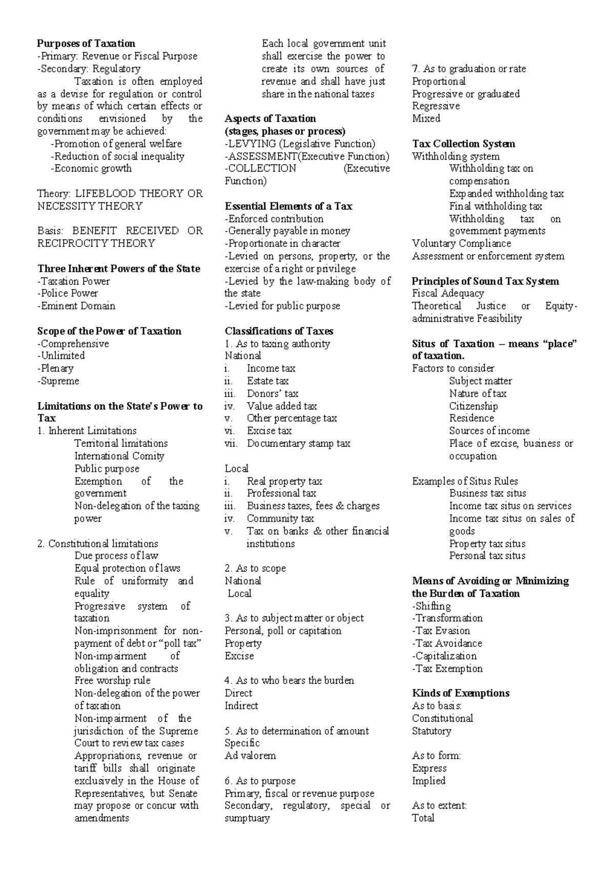 Taxation Review: Purposes, Principles, and Classifications - Studocu