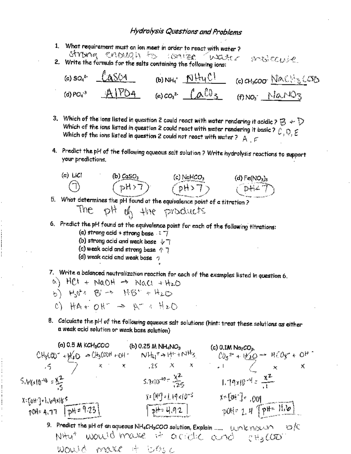 Acid-Base Packet 2 Key: Titrations and Hydrolysis Problems - Studocu
