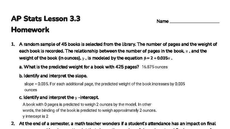 AP Stats 3.3 Homework: Regression Analysis & Predictions - Studocu