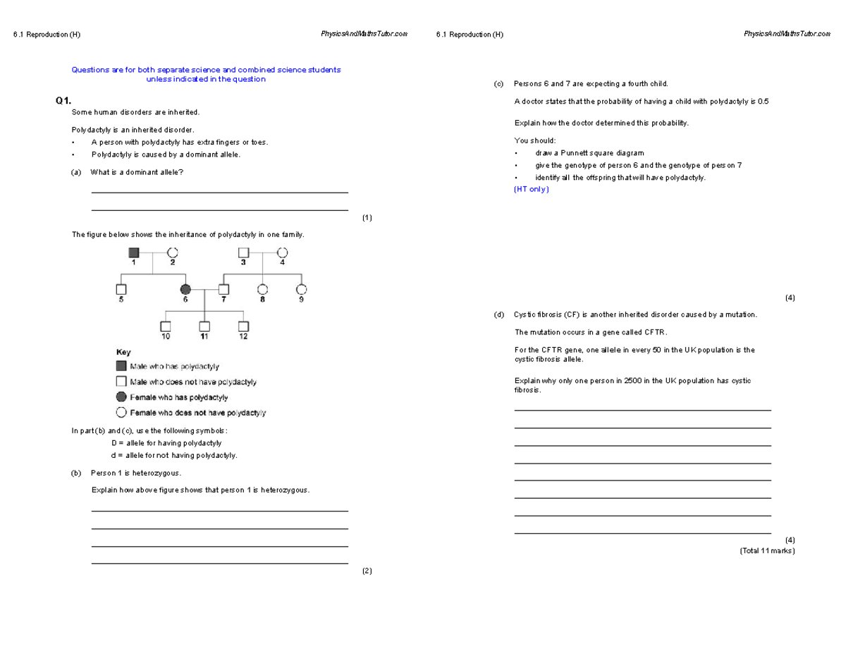 6.1 Reproduction (H) QP - AQA Biology GCSE Exam Questions and Answers ...