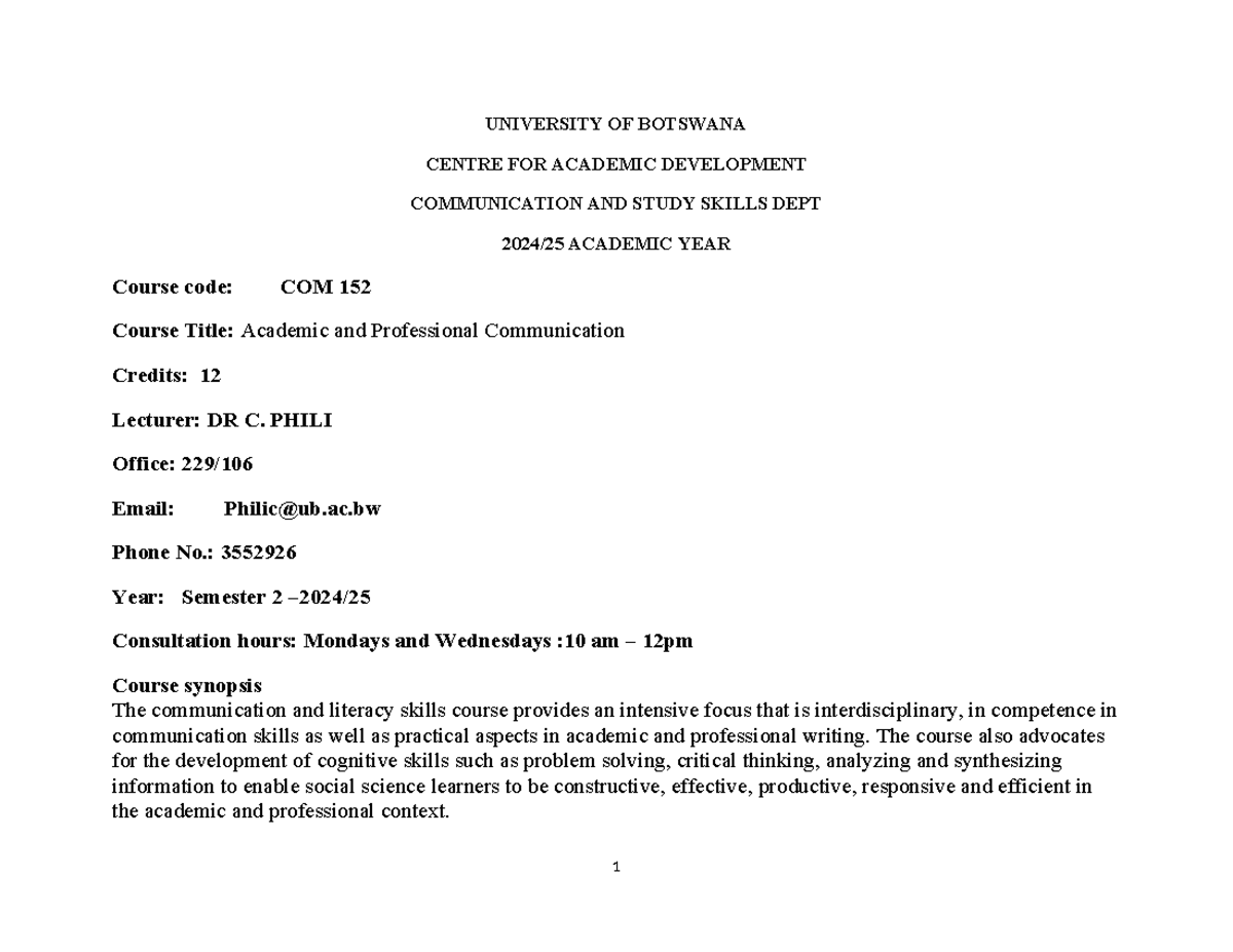 COM 152 Academic & Professional Communication Course Outline 2025 - Studocu