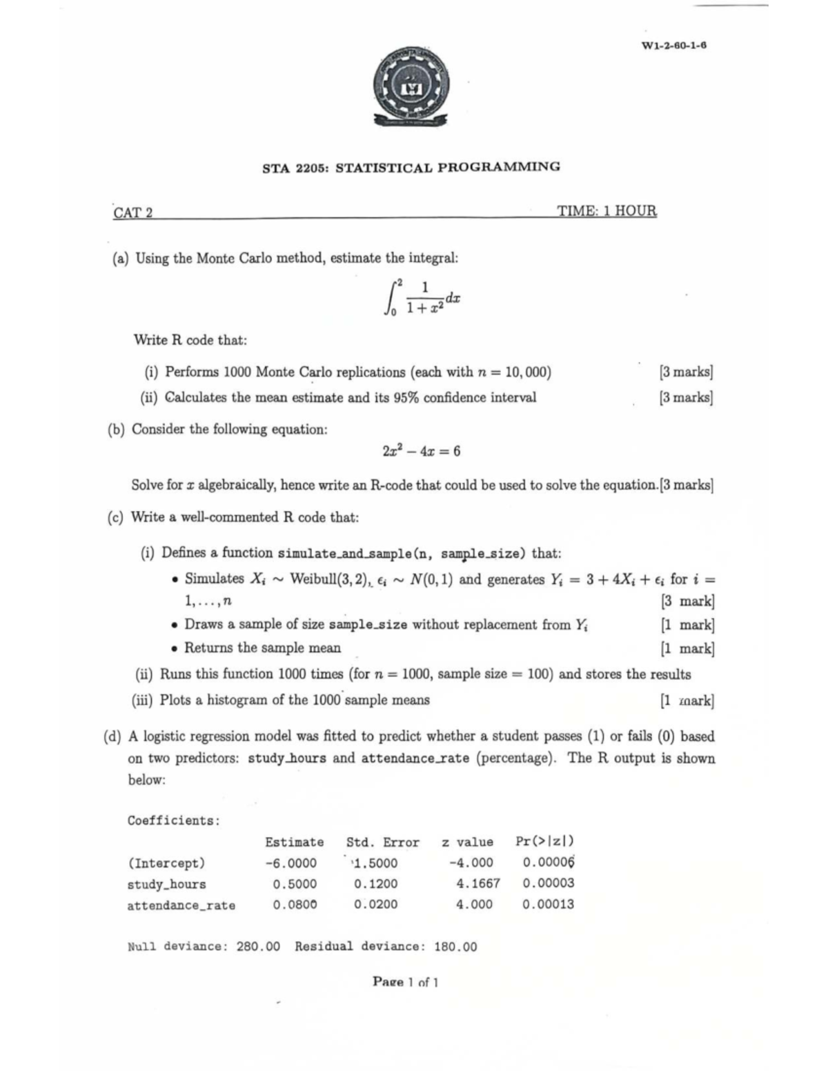 Statistical Programming H STA 2205: Monte Carlo & Regression Analysis ...