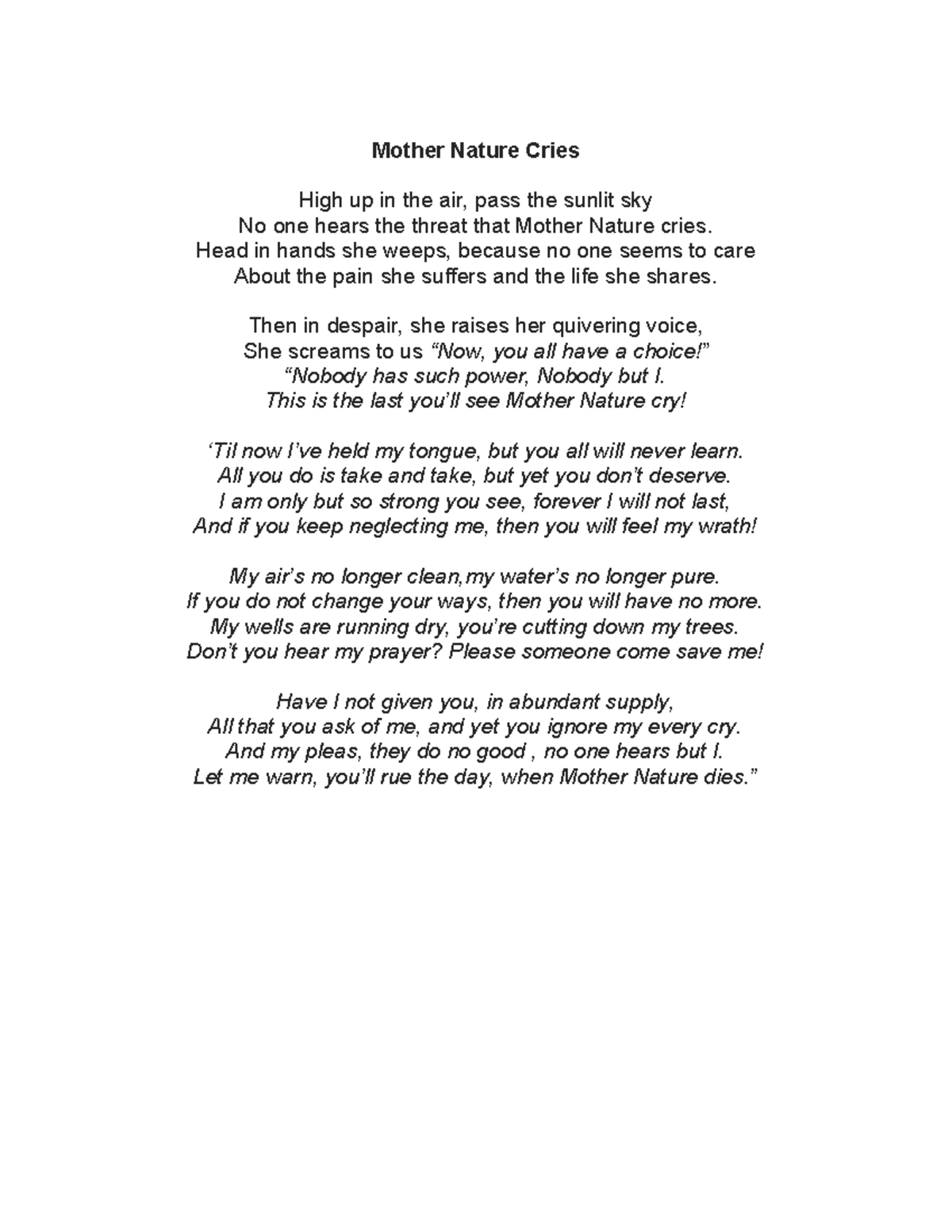 Mother Nature Cries: A Poetic Call for Environmental Awareness - Studocu