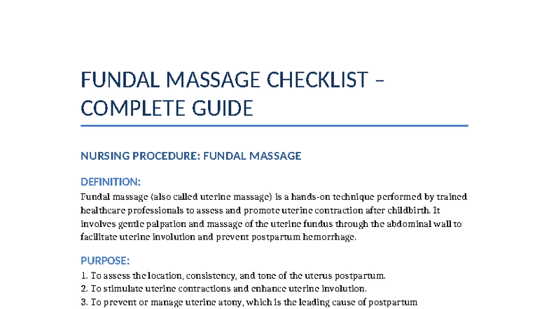 FUNDAL MASSAGE CHECKLIST: NURSING PROCEDURE GUIDE - Studocu