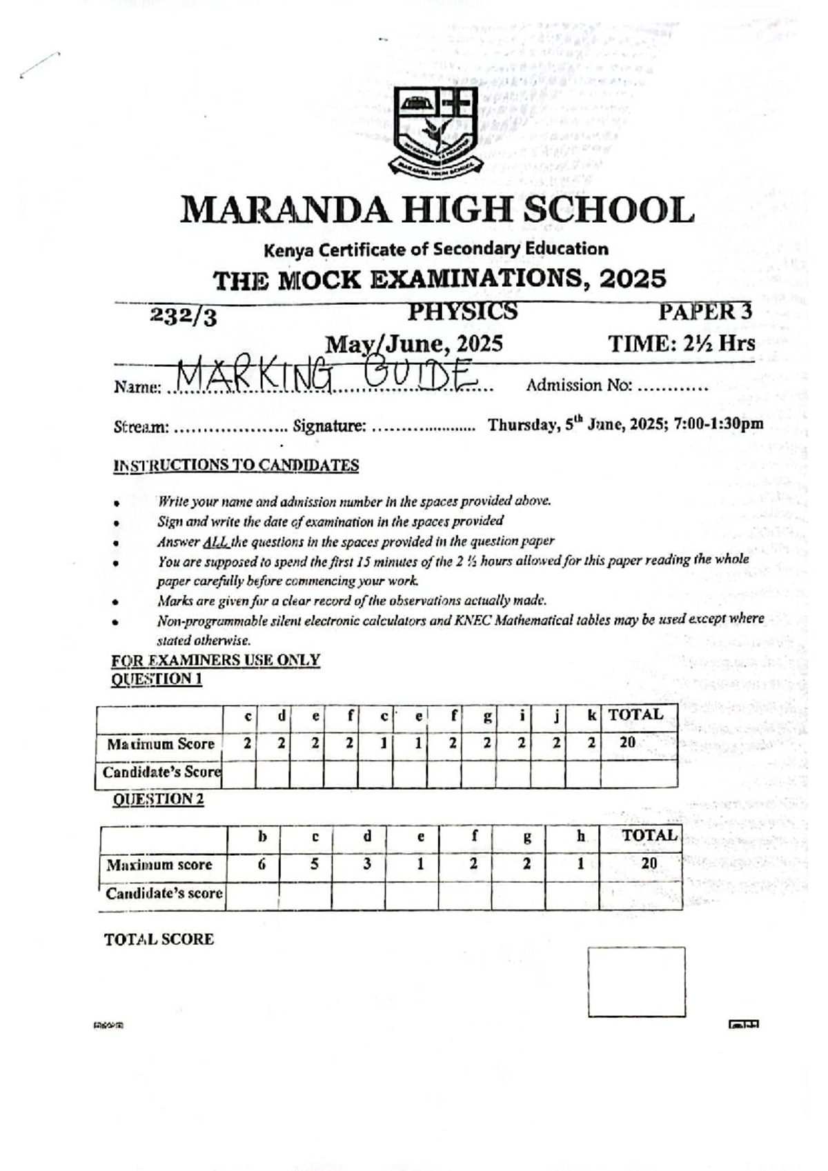 Physics MHS Mock Exam 2025: Paper 3 Marking Guide - Studocu