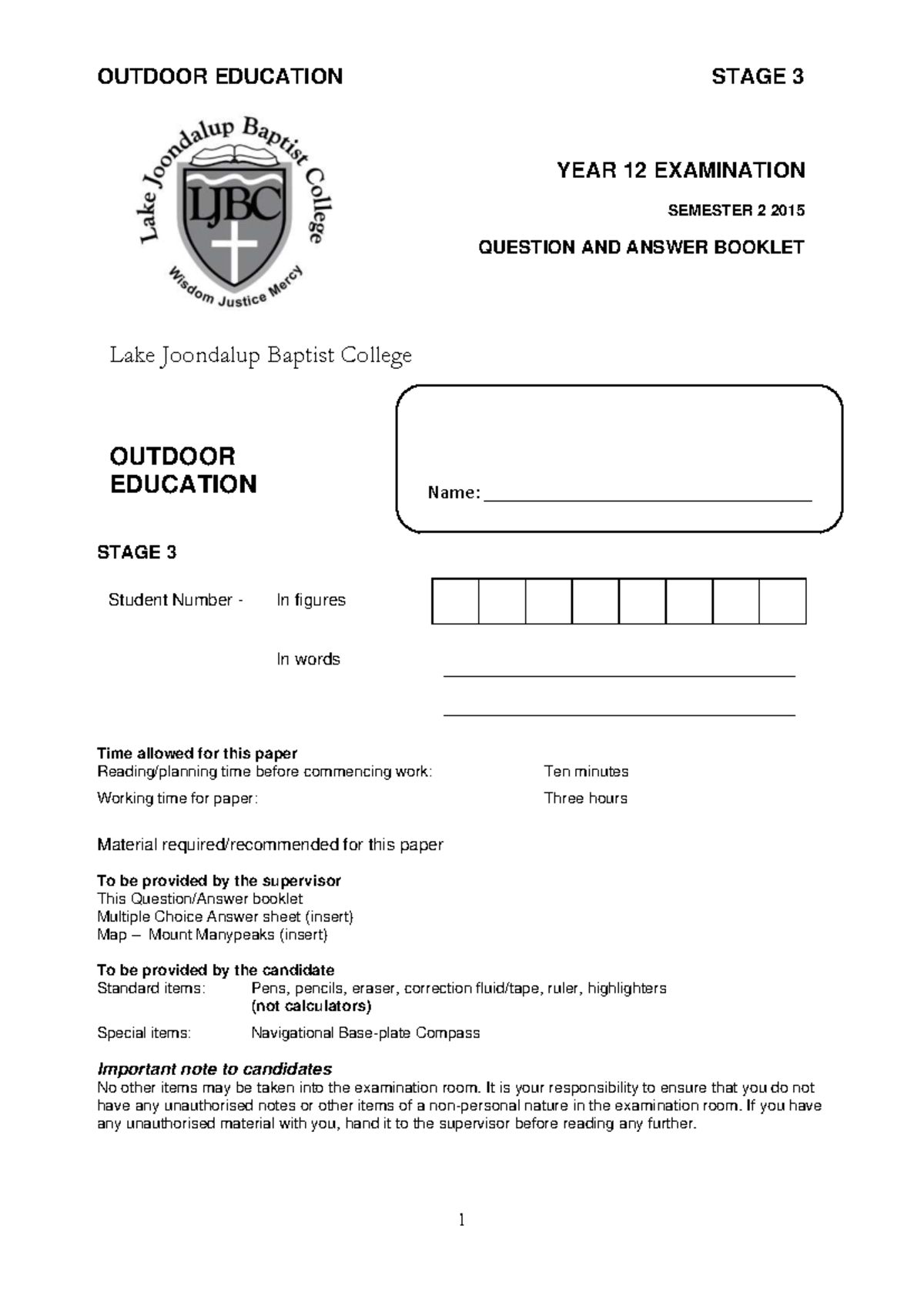 Outdoor Education Year 12 - Semester 2 2015 Exam Questions and ...