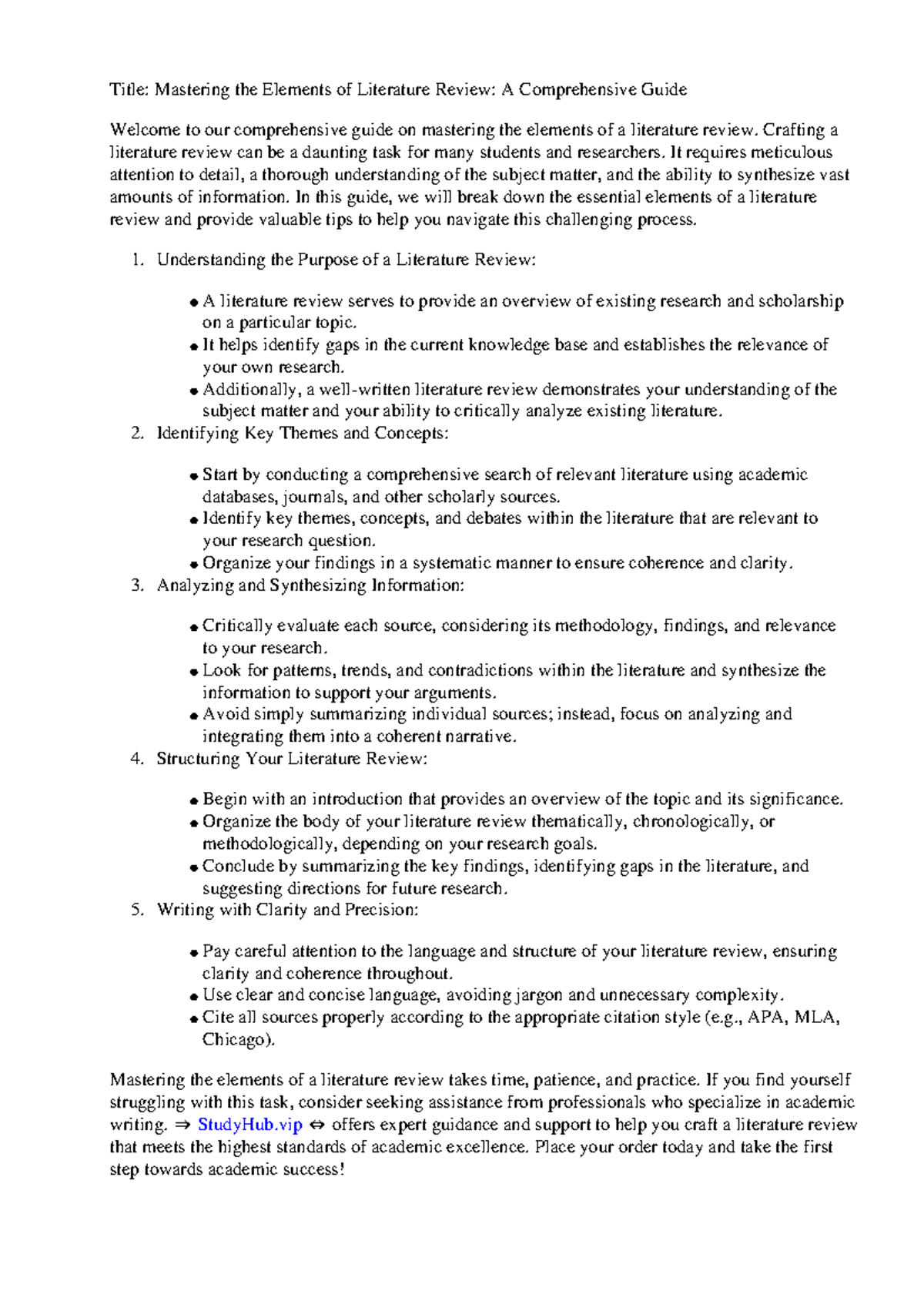Mastering Literature Review Elements: A Comprehensive Guide - Studocu